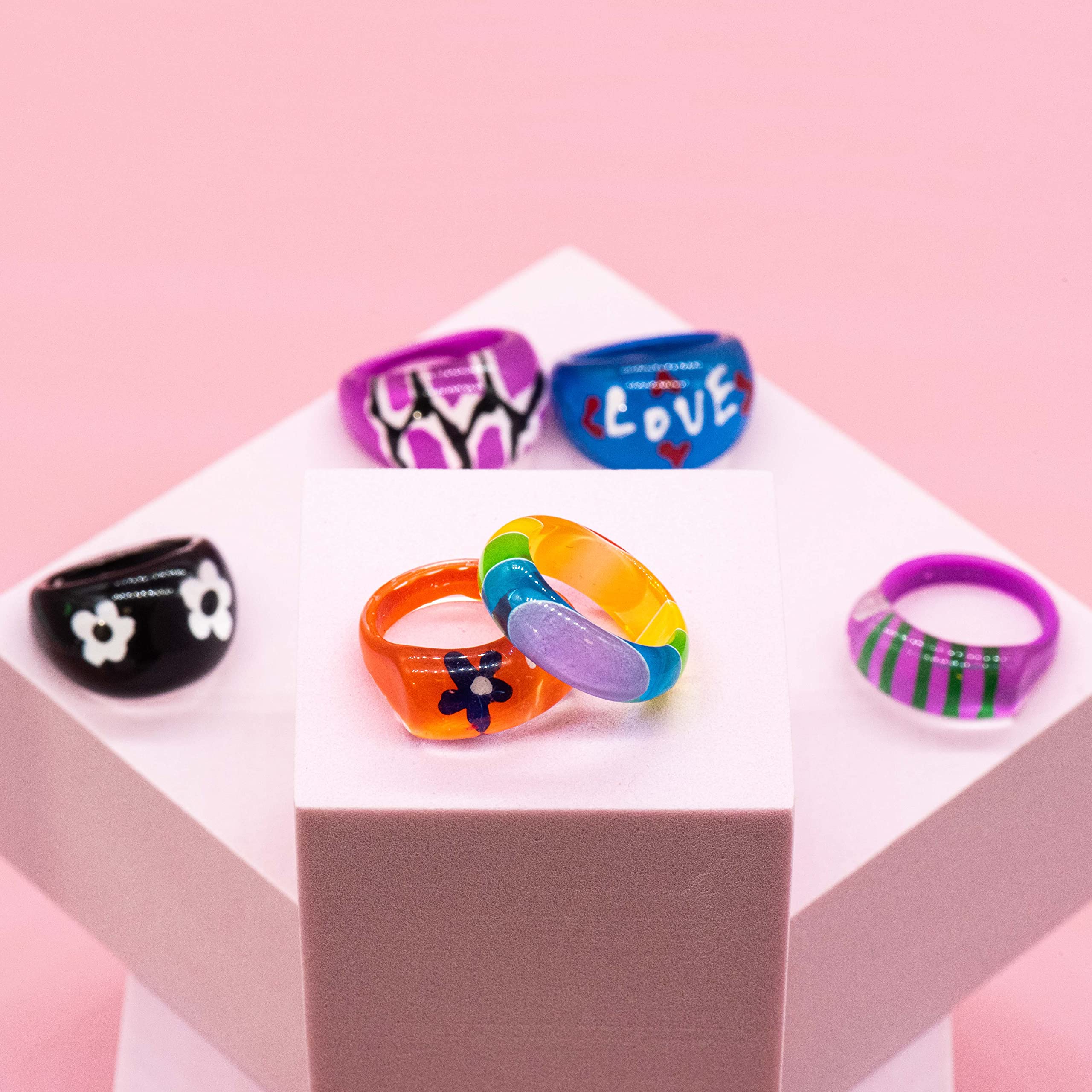 Fablinks 10 Assorted Acrylic Rings for Women, Chunky Resin Ring for Adults, Acrylic Y2K Stackable Cute Trendy Square Rings Party Favors