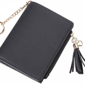 Gostwo Wallet Women, Bifold Leather Small Wallets Woman, Slim RFID Credit Card Wallet with ID Window and Zippered Coin Pocket, Cute Small Wallet with Tassel for Girls Teens Ladies, Black