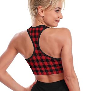 CBBYY Women's Sports Bras Red Plaid Padded Yoga Bras Longline Racerback Sports Bras Crop Tank Tops for Workout Fitness