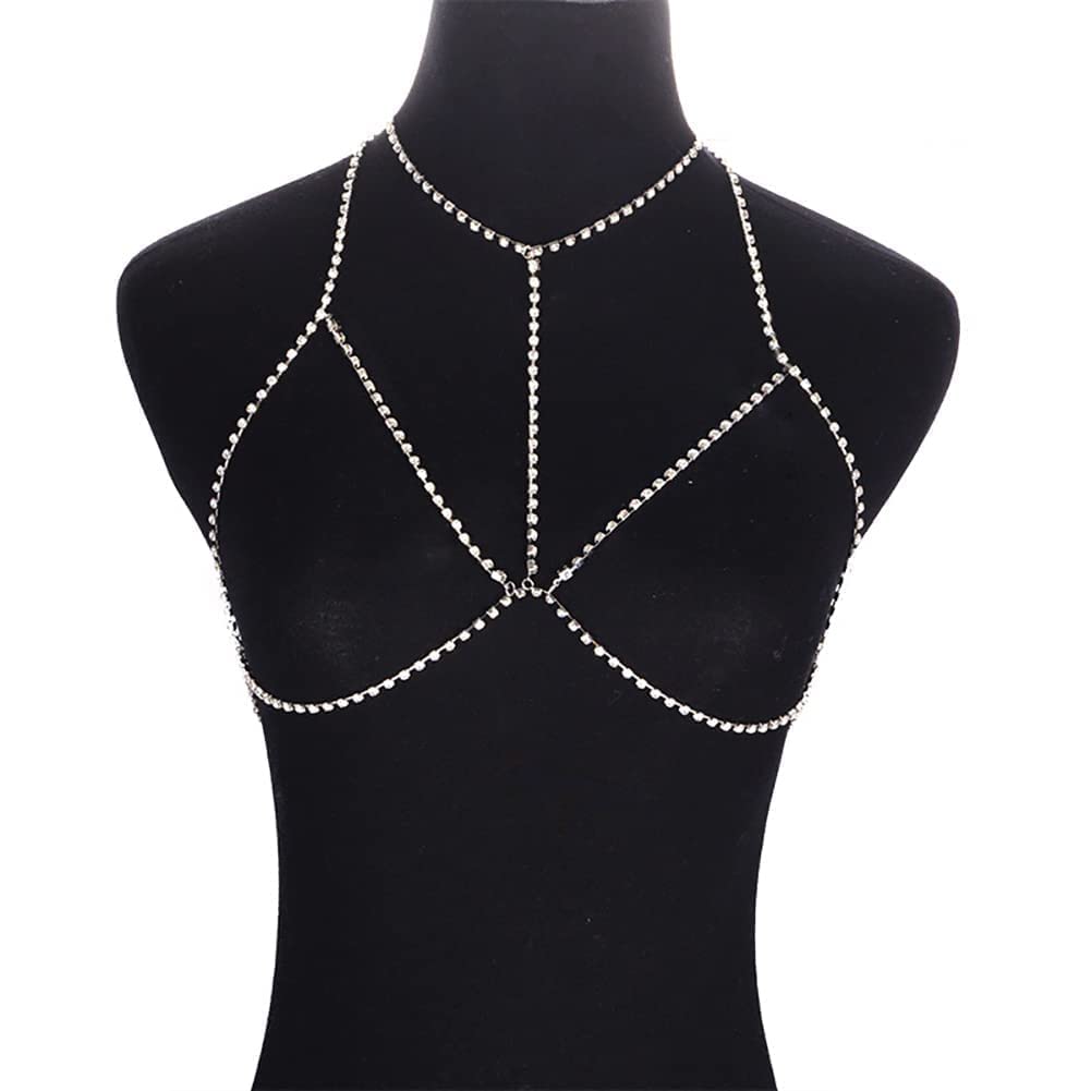 Woent Sexy Bikini Bra Body Chain Silver Crystal Breast Chain Lingerie Necklace Accessories Nightclub Jewelry Adjustable for Women and Girls