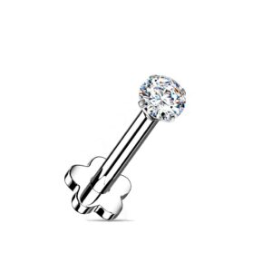 dynamique implant grade titanium threadless push in flower base labret, flat back studs with cz prong set top for cartilage, monroe, nose (sold per piece)