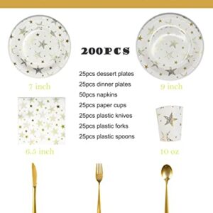 CONRADY 200 PCS Gold Star Disposable Party Dinnerware Set,25pcs Paper Plates, Dessert Plates, Paper Cups,Plastic Cutlery Set(Knives,Forks,Spoons) and 50pcs Napkins for Party Serves 25(Gold)