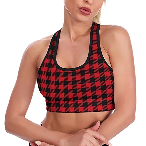 CBBYY Women's Sports Bras Red Plaid Padded Yoga Bras Longline Racerback Sports Bras Crop Tank Tops for Workout Fitness