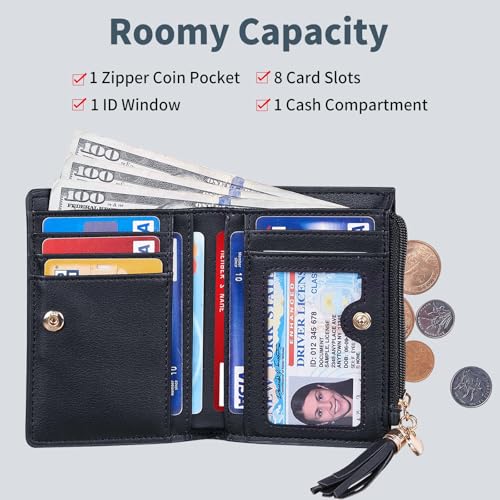 Gostwo Wallet Women, Bifold Leather Small Wallets Woman, Slim RFID Credit Card Wallet with ID Window and Zippered Coin Pocket, Cute Small Wallet with Tassel for Girls Teens Ladies, Black