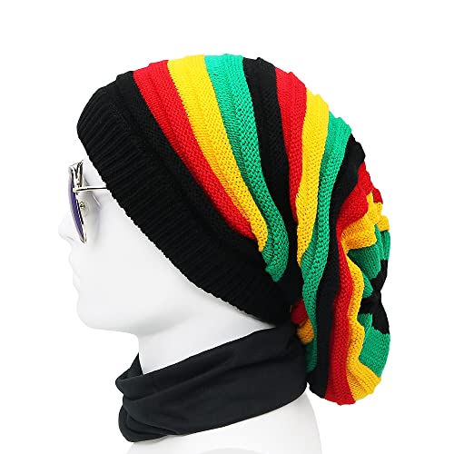 Unisex Jamaica Reggae Cap Rasta Slinky Beanie Multi-Colour Striped Slouchy Baggie Beanie Skullies Gorro Rasta Hat