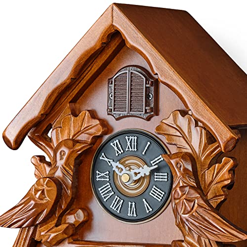 TIMEGEAR Cuckoo Clock with Night Mode, Singing Bird, Wooden Decorations and Swinging Pendulum (Brown)