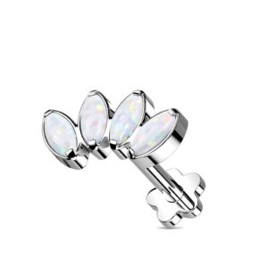 dynamique implant grade titanium threadless push in flower base labret, flat back studs with 4-marquise opal set peatal top for cartilage, monroe (sold per piece)