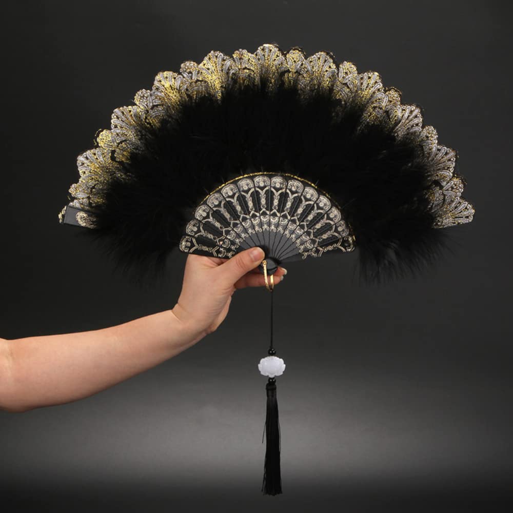 Huralona 1920s Vintage Style Flapper Hand Fan Embroidered Flower Marabou Feather Fan (Embroidered Black)