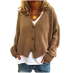 mayntop womens sweater cardigan jumper plus size solid color plain oversize button-down v-neck knitted tops loose knitwear(a khaki,l)