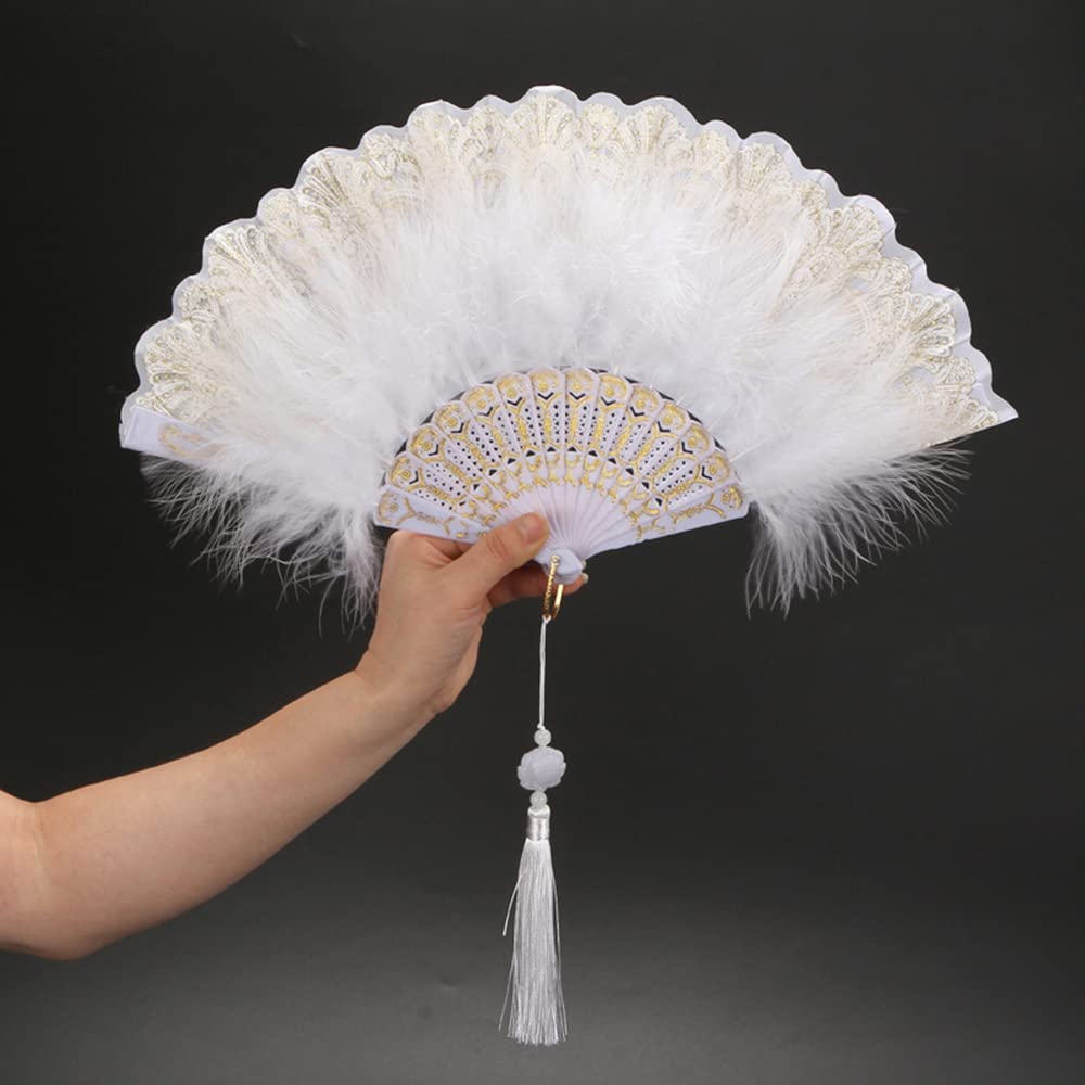 Huralona 1920s Vintage Style Flapper Hand Fan Embroidered Flower Marabou Feather Fan (Embroidered White)