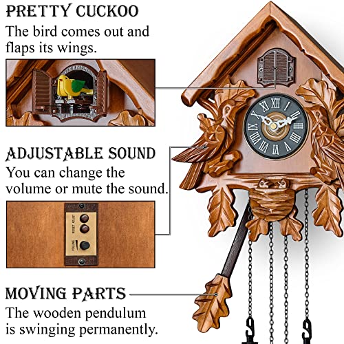 TIMEGEAR Cuckoo Clock with Night Mode, Singing Bird, Wooden Decorations and Swinging Pendulum (Brown)