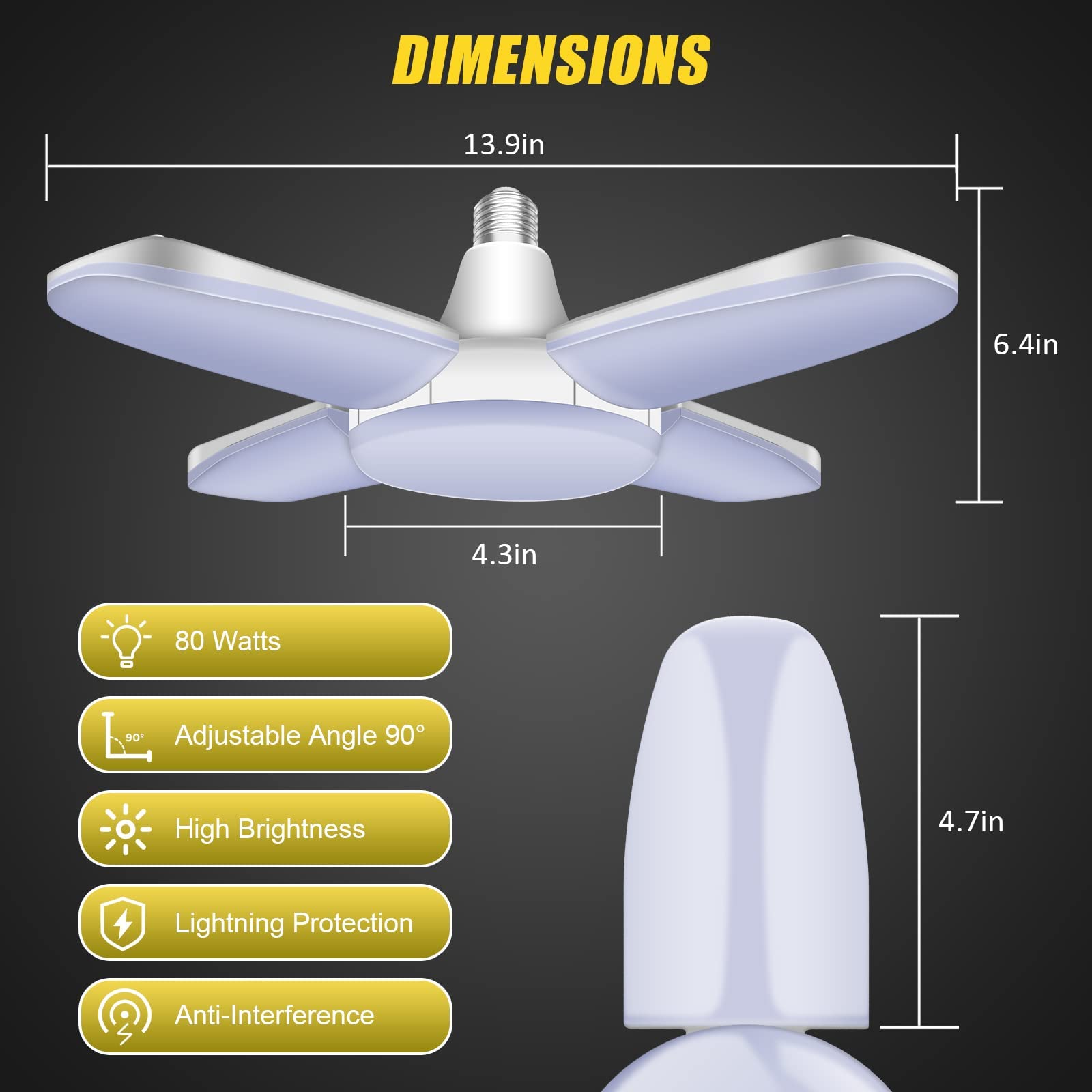 Coomoors LED Garage Lights 2 Pack, 80W LED Shop Light Adjustable 4 Foot Ceiling Light, 6500k 8000LM Deformable E26/E27 Garage Lights Ceiling Led Daylight for Shop, Basement, Workshop, High Bay Light