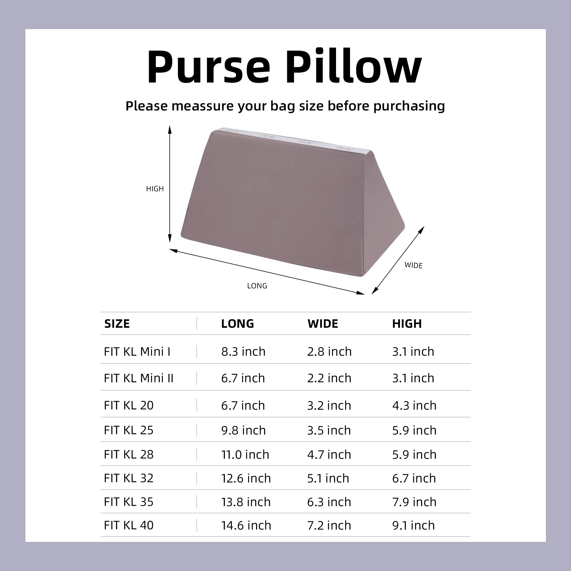 DGAZ Purse Pillow Insert for Luxury Handbags, Memory Foam, Silky Pillow Shaper for Kelly 25/28/32/35 Bags（Konjac purple, KL28）