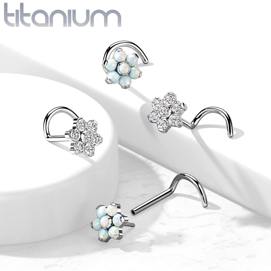 Dynamique Implant Grade Titanium Threadless Push In Nose Screw Rings With CZ Or Opal Set Flower Top (Sold Per Piece)