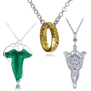 hjyzy 3 pcs hobbit necklace gold tone the ring pendant necklace vintage green leaf elven pin brooch pendant chain necklace