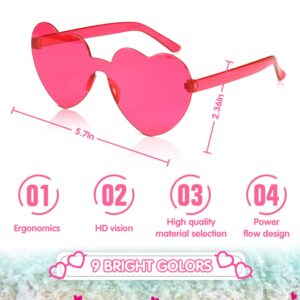 Heart Glasses 9 Pieces, Rimless Heart Shaped Sunglasses, Candy Color Heart Shaped Glasses, Party Sunglasses Heart Sunglasses for Women - Party Favors for Birthday Graduation Beach Pool Party