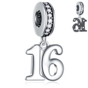 16 birthday dangle charms fits pandora anniversary bracelet, 925 sterling silver 16th celebration pendant beads with cz, sweet number 16 years gifts for sister/daughter/son