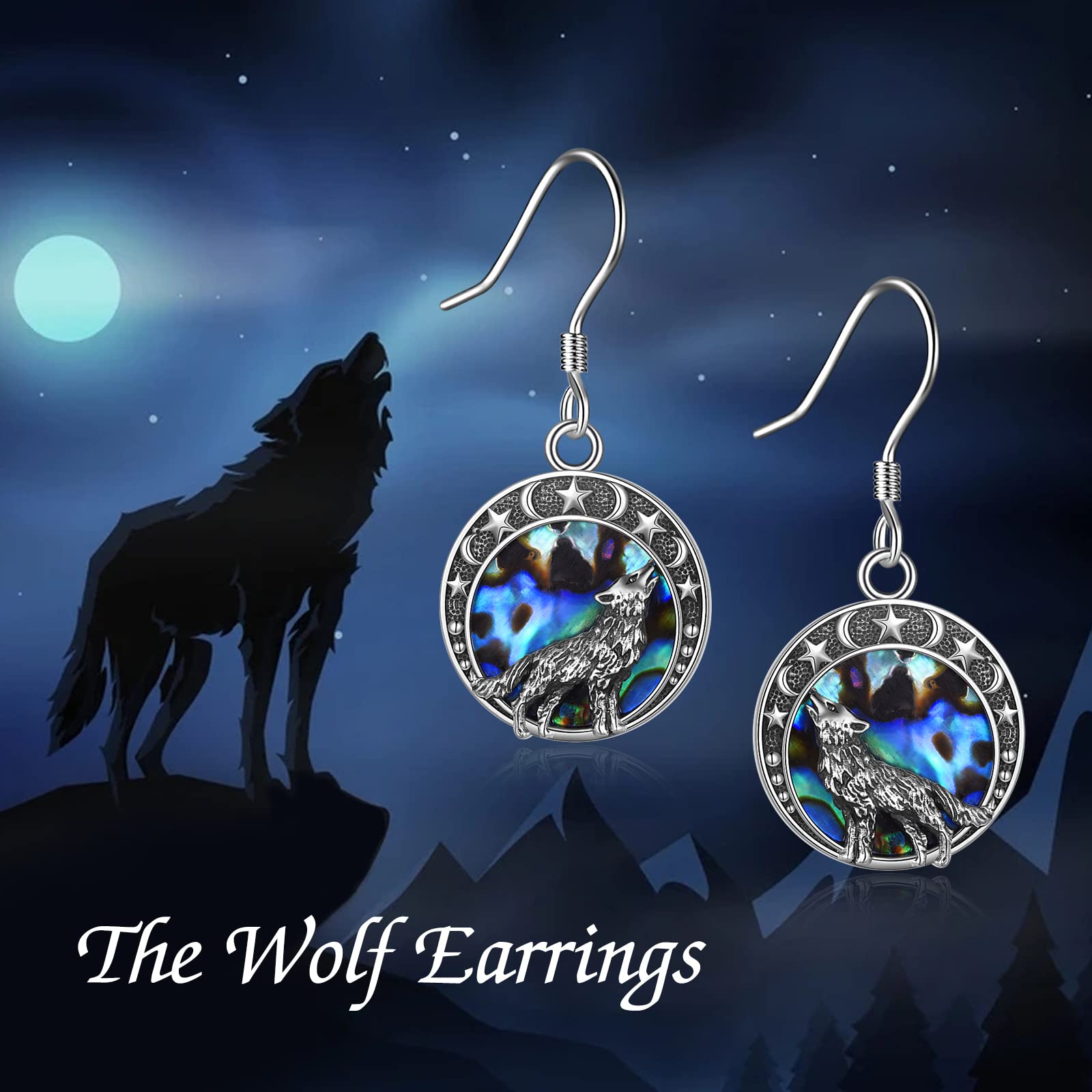 Wolf Earrings Gifts for Women Sterling Silver Wolf Moon Star Drop Dangle Earrings Jewelry Christmas Gifts For Women (Animal earrings-Wolf)