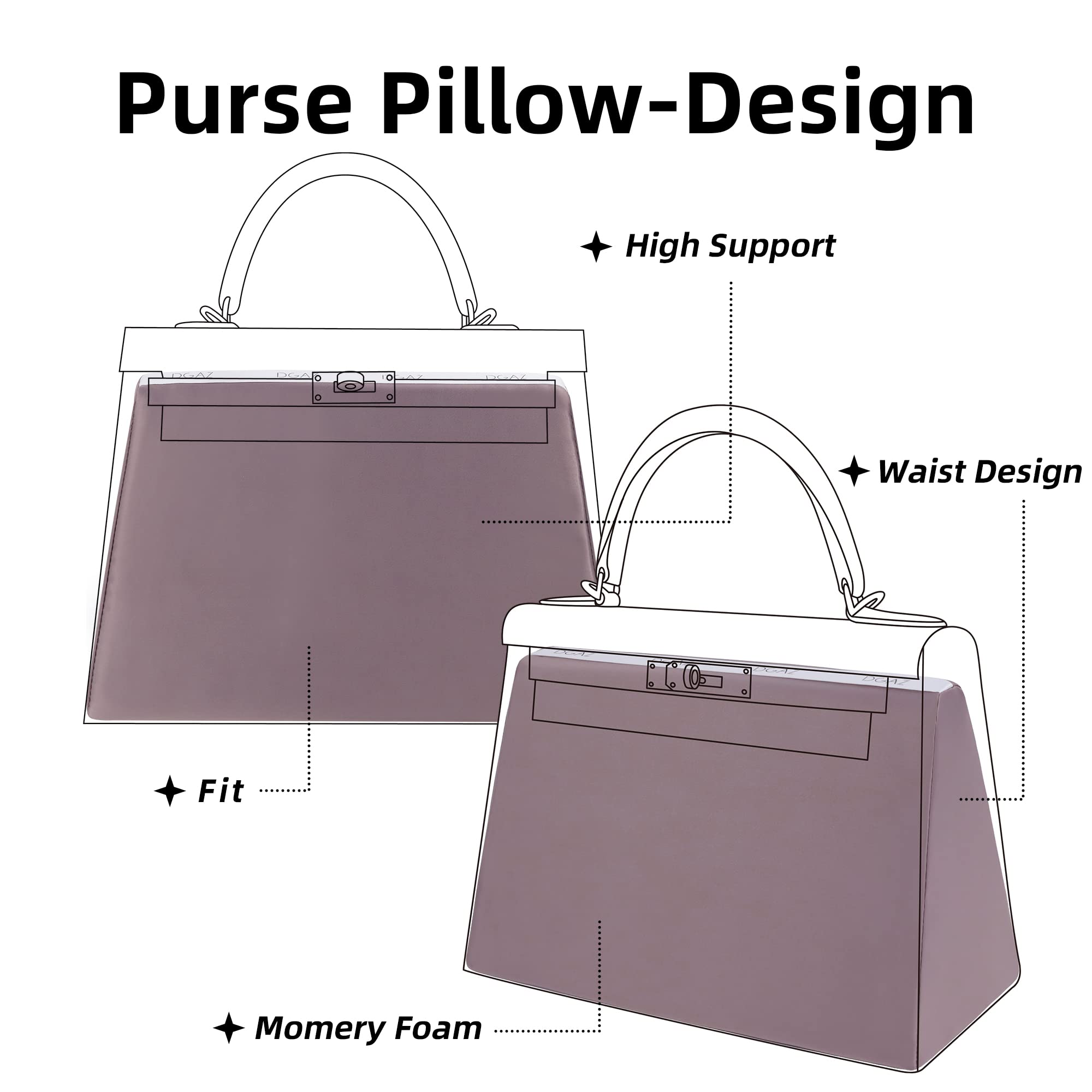 DGAZ Purse Pillow Insert for Luxury Handbags, Memory Foam, Silky Pillow Shaper for Kelly 25/28/32/35 Bags（Konjac purple, KL28）