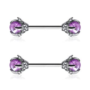 oufer 14g nipple rings dragon claw with natural stone nipple piercing jewelry 316l stainless steel nipple for women(amethyst)