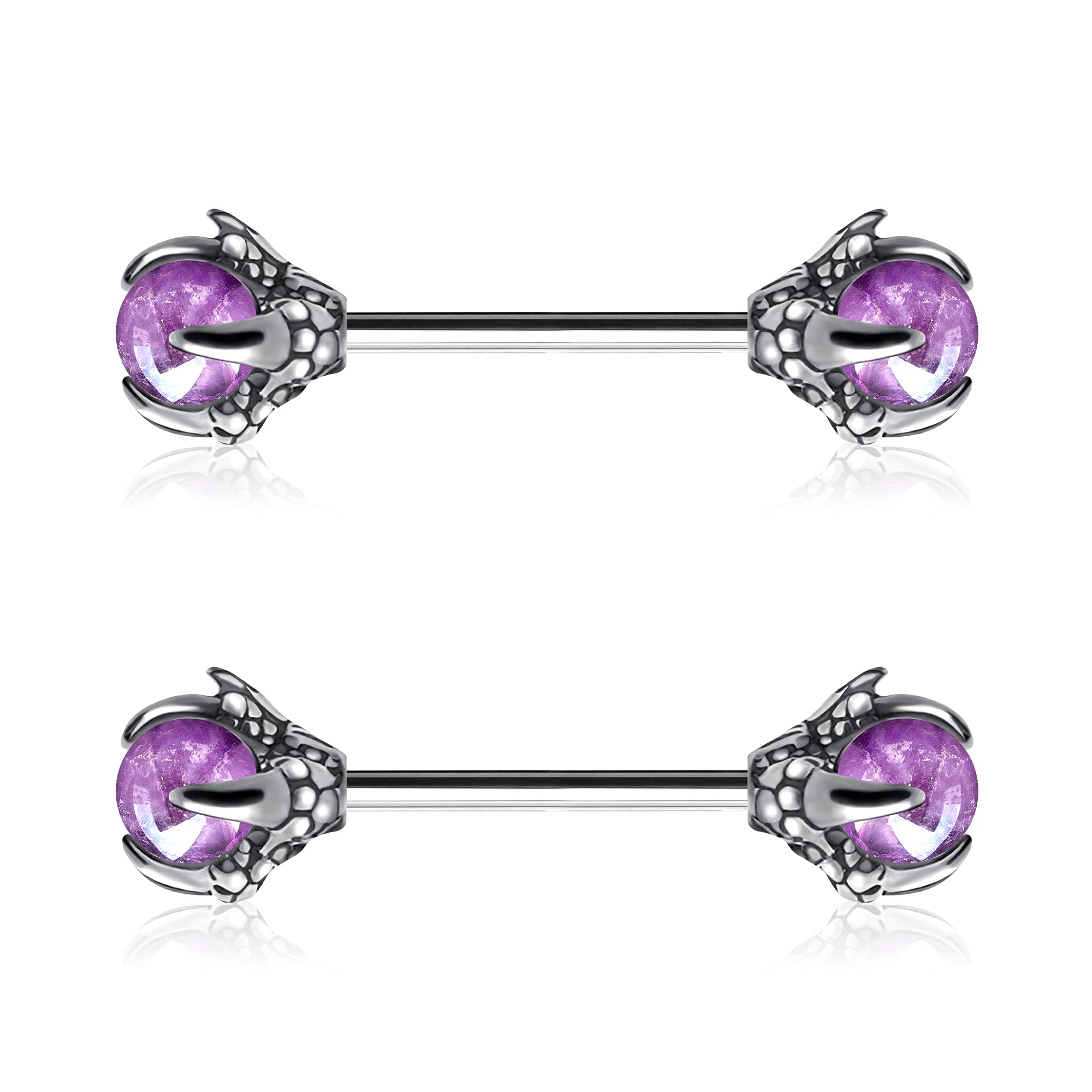 OUFER 14G Nipple Rings Dragon Claw with Natural Stone Nipple Piercing Jewelry 316L Stainless Steel Nipple For Women(Amethyst)