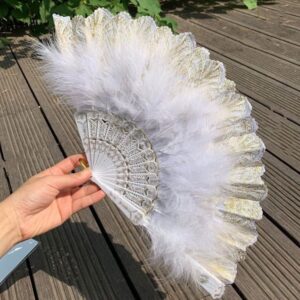 Huralona 1920s Vintage Style Flapper Hand Fan Embroidered Flower Marabou Feather Fan (Embroidered White)