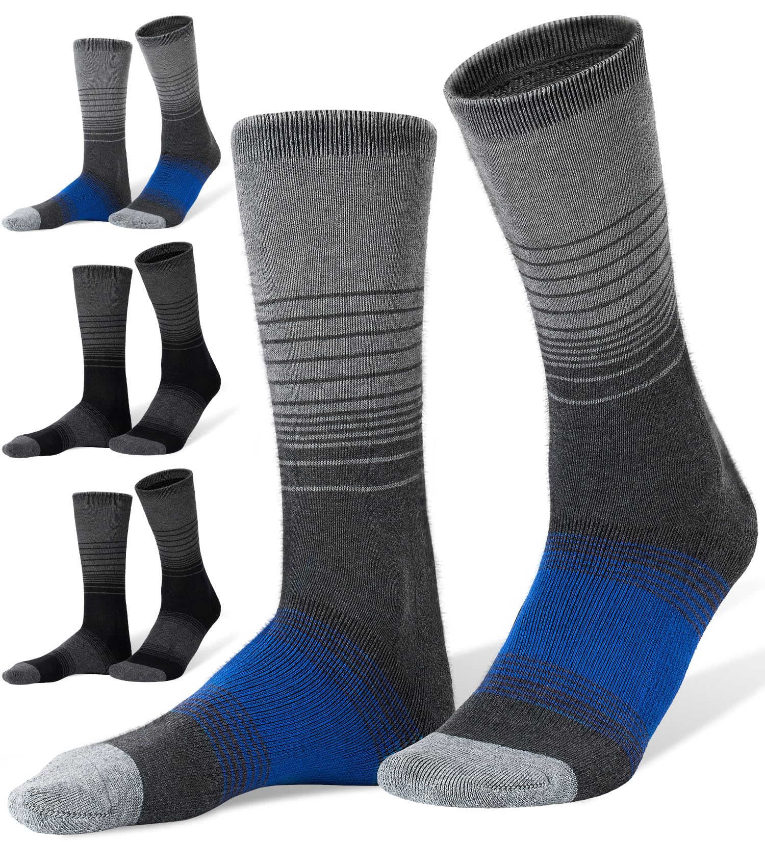 FITRELL 4 Pack Men's Merino Wool Hiking Socks, Wicking Cushioned, Warm Thermal Lightweight Boot Crew Socks, Dress Socks, Black+Blue, Large, Shoe Size 9-12