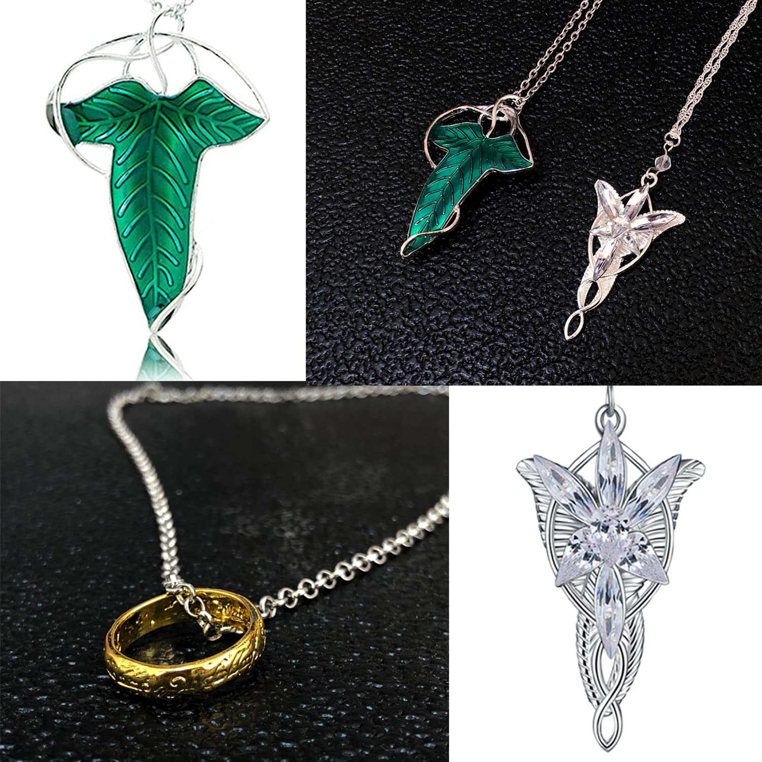 HJYZY 3 pcs Hobbit Necklace Gold Tone The Ring Pendant Necklace Vintage Green Leaf Elven Pin Brooch Pendant Chain Necklace