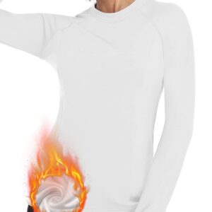 Women White Long Sleeve Thermal Shirt Running Shirt Workout Tops Moisture Wicking Athletic Shirts with Thumb Holes（White,Medium)