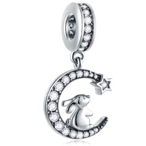 dangle bunny on crescent moon star charms, fit pandora easter bracelet animal necklace, 925 sterling silver rabbit pendant beads with sparkling cz, gift for birthday/wife