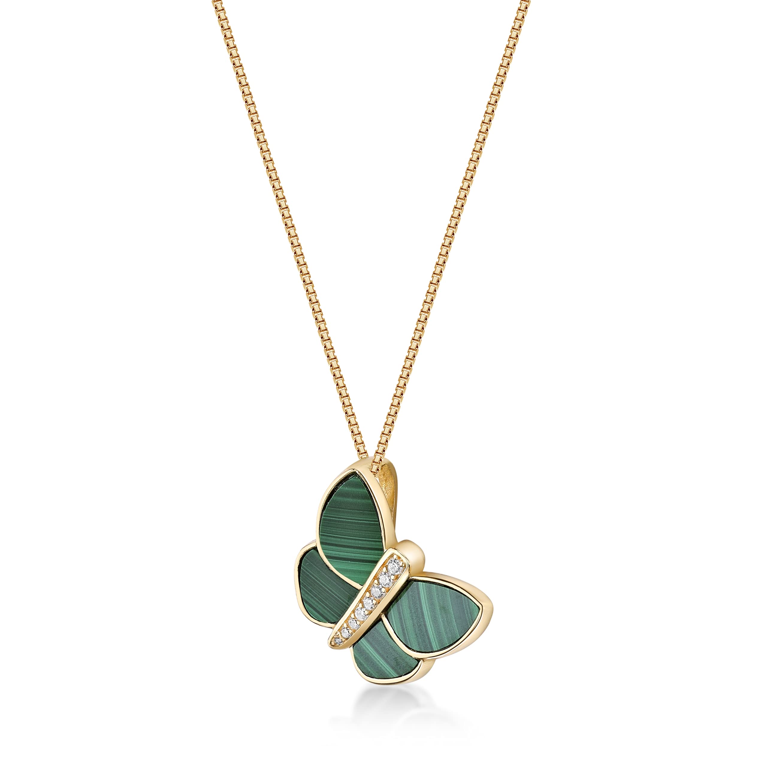 Lavari Jewelers Green Malachite and Cubic Zirconia Butterfly Pendant Necklace in 925 Sterling Silver with Yellow Gold Plating on 18 Inch Chain with Spring Ring