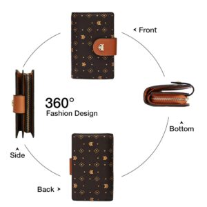 FOXLOVER Signature PVC Artificial Leather Wallets for Women Monogram RFID Blocking with Gift Box Packing Ladies Card Holder with Zipper Pocket Bifold Wallets Credit Card Cases(Brown)