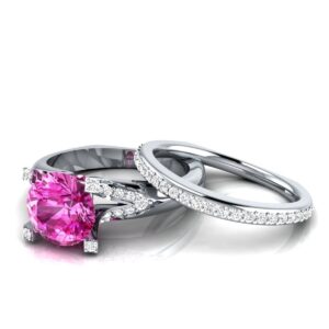 IDEALJEWEL95 Women's 2.70 ct Round Pink & White Sapphire Sterling Silver Bridal Ring Set Free Size For Engagement/Wedding/Valentines Day (Size_9)