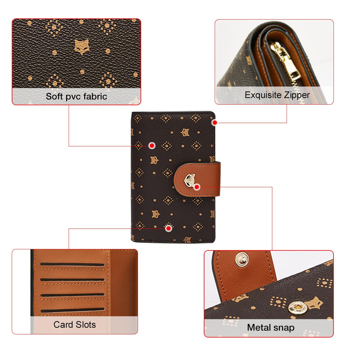 FOXLOVER Signature PVC Artificial Leather Wallets for Women Monogram RFID Blocking with Gift Box Packing Ladies Card Holder with Zipper Pocket Bifold Wallets Credit Card Cases(Brown)