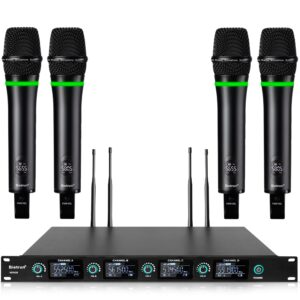 bietrun 4-channel wireless microphones system with 4 rechargeable handheld mics, uhf metal dynamic cordless mics for karaoke, singing, church, family theater(auto connect/295ft range/fixed frequency)