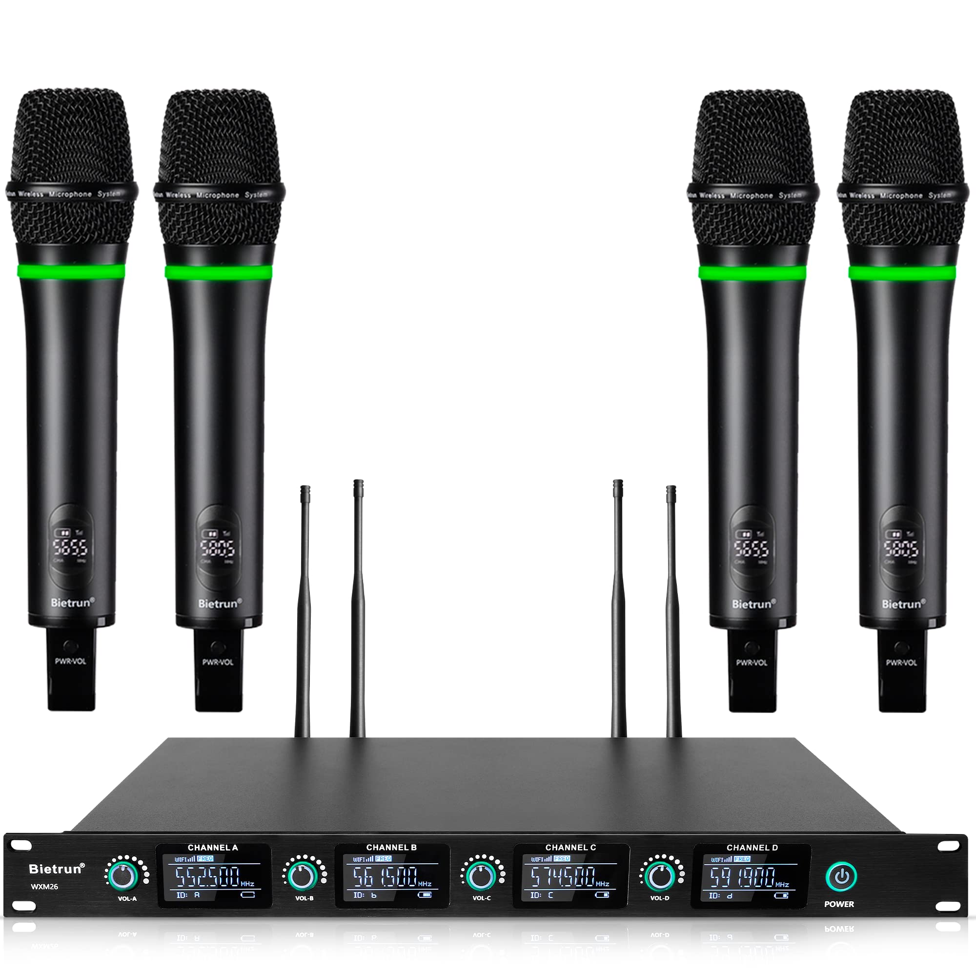 Bietrun 4-Channel Wireless Microphones System with 4 Rechargeable Handheld Mics, UHF Metal Dynamic Cordless Mics for Karaoke, Singing, Church, Family Theater(Auto Connect/295FT Range/Fixed Frequency)