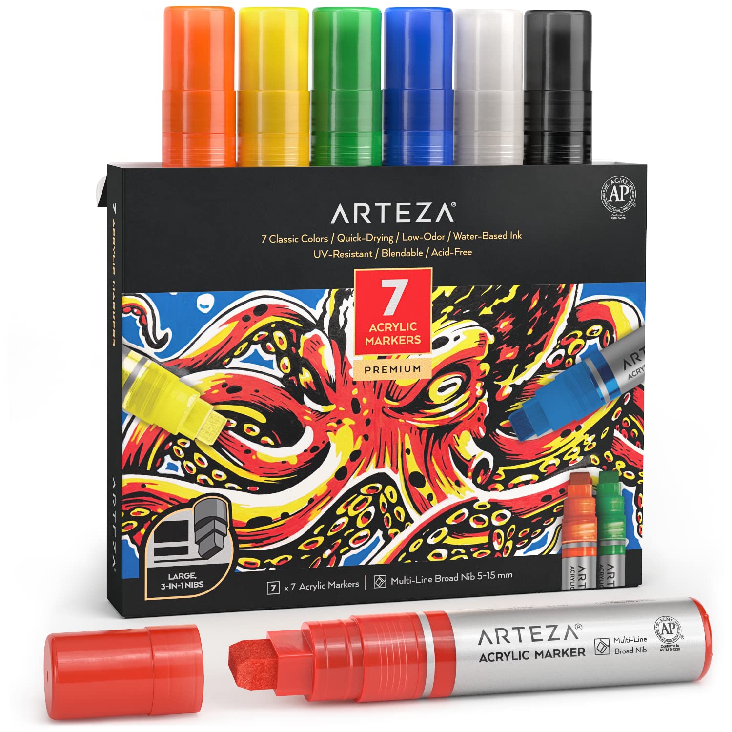 Arteza Acrylic Paint Markers, 7 Acrylic Paint Pens in Classic Colors, 3-in-1 Multi-Line Nibs, 5–15 mm Line, UV-Resistant, Art & Craft Supplies, Use on Canvases for Painting, Glass, Plastic, Rock