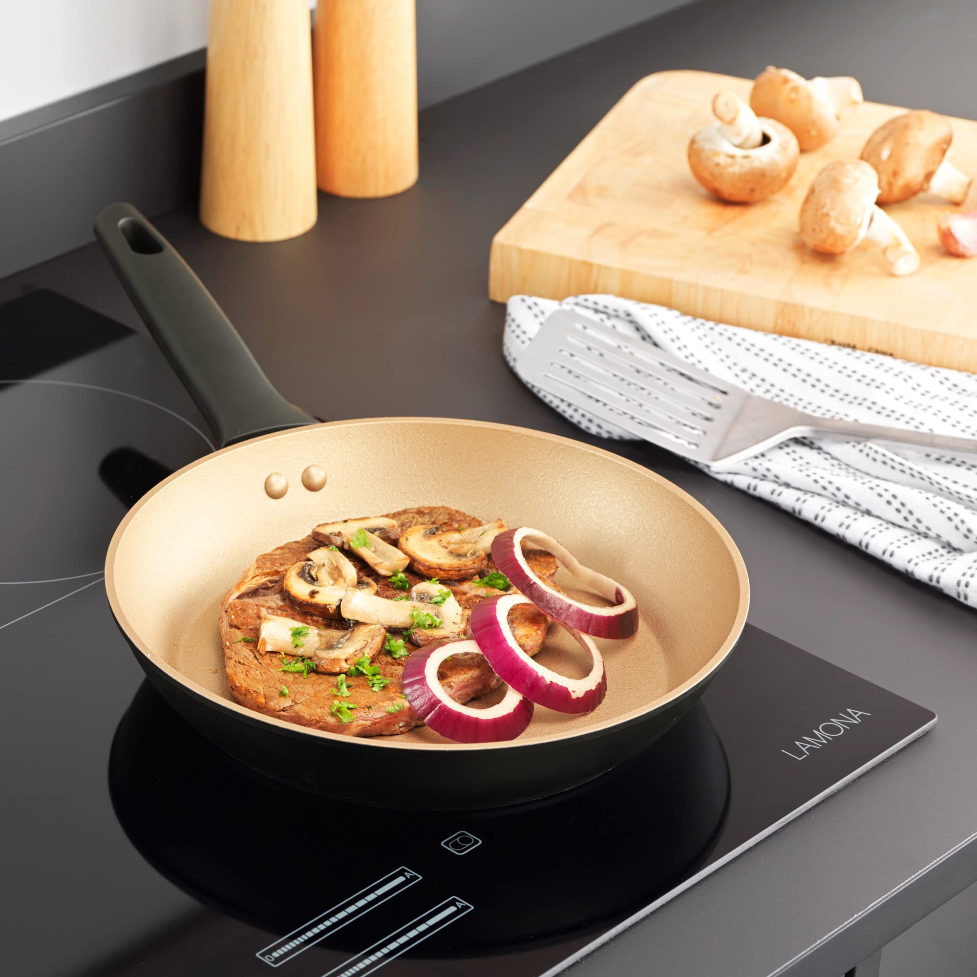 Russell Hobbs RH01666BEU Opulence Collection Non-Stick 24 cm Fry Pan, Induction and Dishwasher Safe, PFOA Free, Black and Gold, Aluminium Body, Metal Utensil Safe, Soft Bakelite Handle