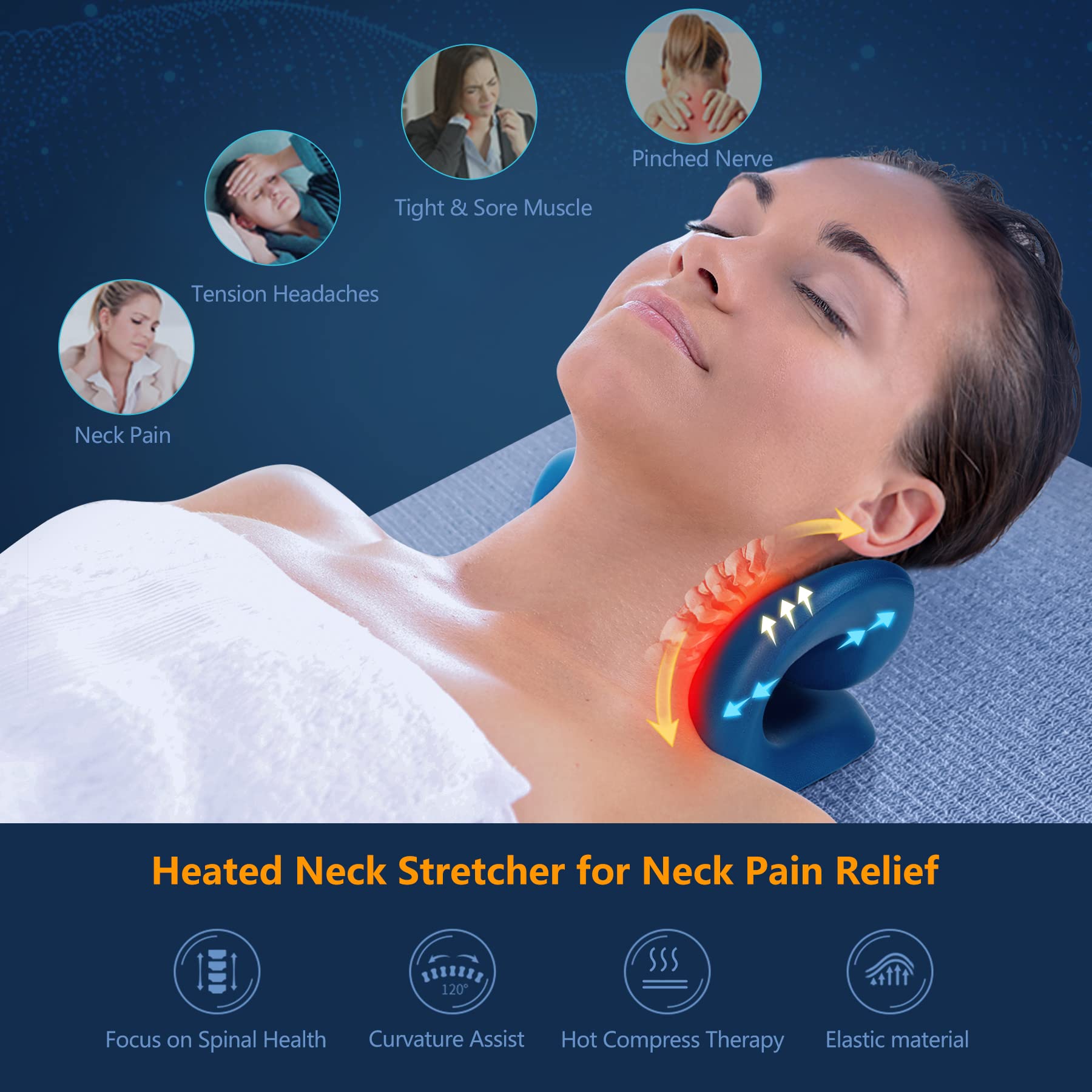 Neck Stretcher for Neck Pain Relief, Heated Cervical Traction Device Pillow with Graphene Heating Pad, Neck and Shoulder Relaxer for TMJ Pain Relief and Cervical Spine Alignment (Dark Blue)