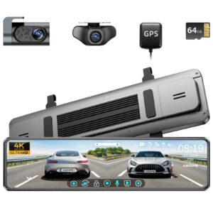 azdome 12" mirror dash cam with 4k detached front camera, rear view mirror camera with sony imx335, wdr night vision, gps, ips full touch split screen, free 64gb card, parking assistance pg18s