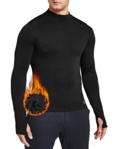 fitst4 sports men's thermal fleece lined mock neck baselayer tops long sleeve running athletic shirt with thumbholes black xxl