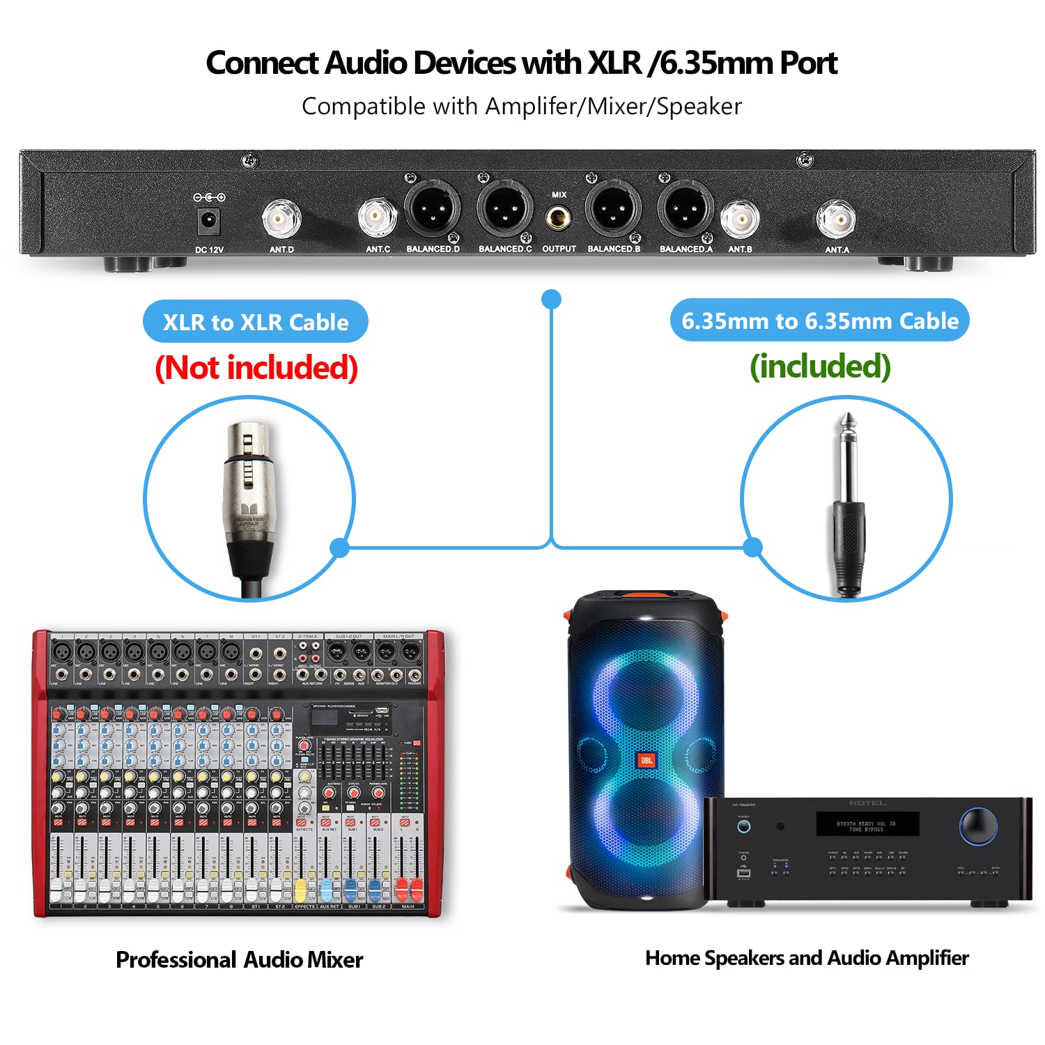 Bietrun 4-Channel Wireless Microphones System with 4 Rechargeable Handheld Mics, UHF Metal Dynamic Cordless Mics for Karaoke, Singing, Church, Family Theater(Auto Connect/295FT Range/Fixed Frequency)