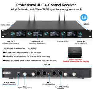 Bietrun 4-Channel Wireless Microphones System with 4 Rechargeable Handheld Mics, UHF Metal Dynamic Cordless Mics for Karaoke, Singing, Church, Family Theater(Auto Connect/295FT Range/Fixed Frequency)