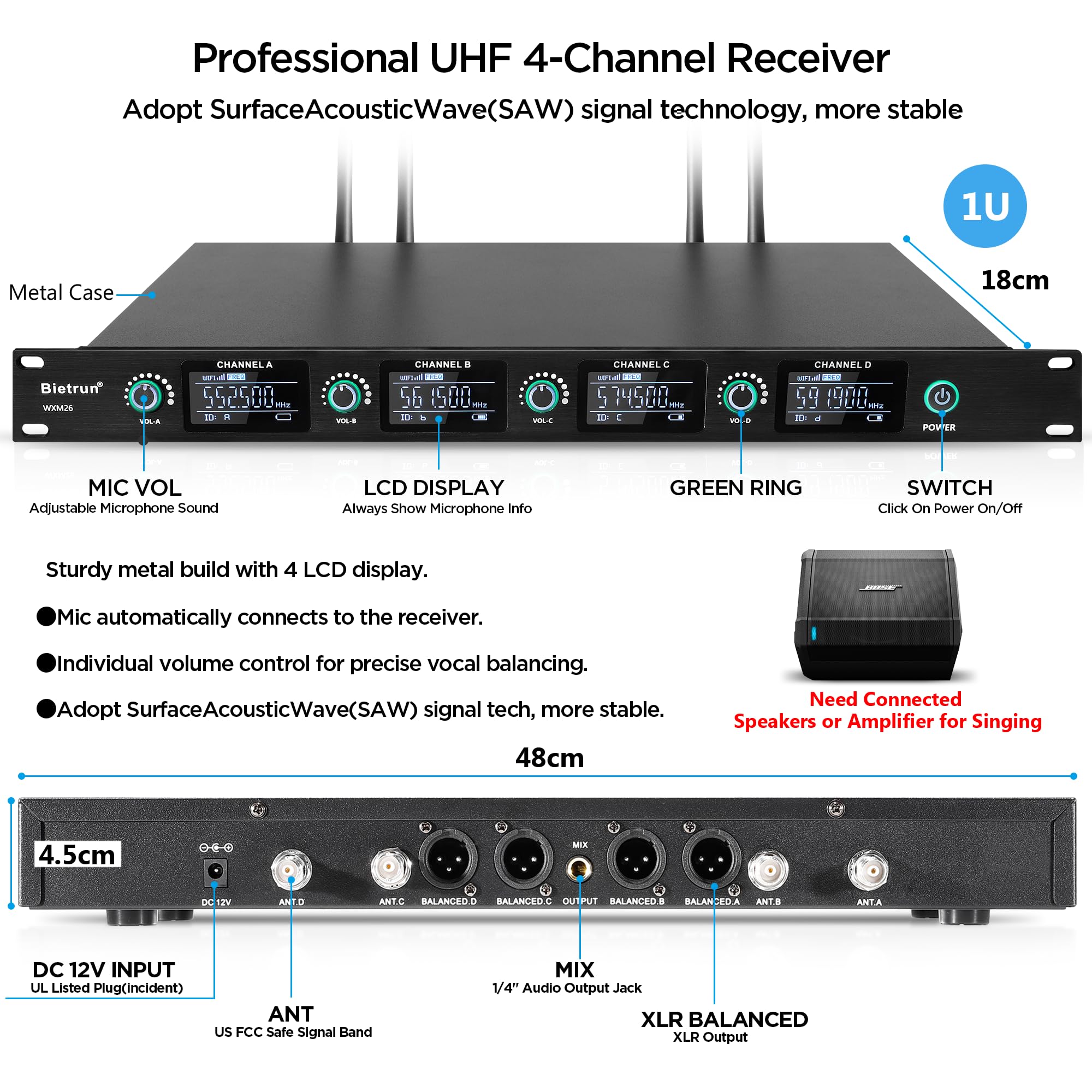 Bietrun 4-Channel Wireless Microphones System with 4 Rechargeable Handheld Mics, UHF Metal Dynamic Cordless Mics for Karaoke, Singing, Church, Family Theater(Auto Connect/295FT Range/Fixed Frequency)