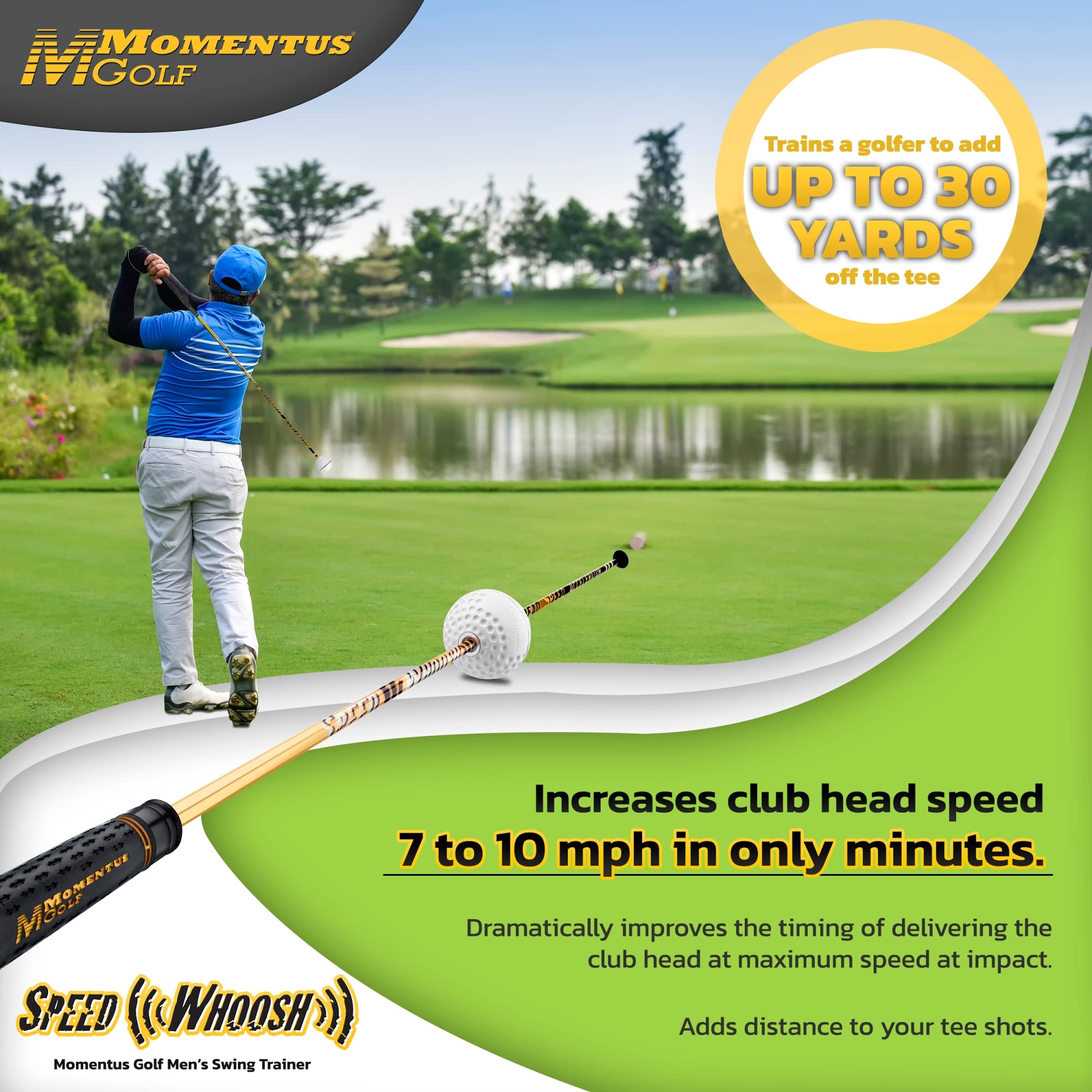 Momentus Speed Whoosh Golf Swing Trainer - Golf Swing Speed Trainer with Magnetic Sliding Timing Ball - Premium Swing Trainer Aid to Increase Golf Swing Speed 7 to 10 mph - Men's