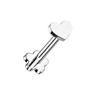 pierced owl 16ga g23 implant grade titanium heart top threadless push in flower base stud (silver tone)