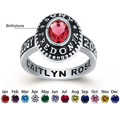 Ccjcinata Custom Fully Personalized Class Rings for Women High School 10kt White Gold Rings Birthstone Graduation Rings Size 5-15 High School Rings for Women