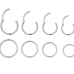 18G Surgical Steel Nose Rings Hoop Hinged Clicker Segment Helix Cartilage Daith Tragus Earrings Body Piercing Jewelry for Women Men Girls 6mm 8mm 10mm 12mm 4 pairs, Metal, No Gemstone