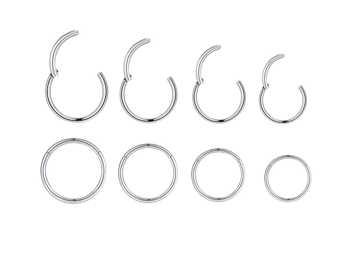 18G Surgical Steel Nose Rings Hoop Hinged Clicker Segment Helix Cartilage Daith Tragus Earrings Body Piercing Jewelry for Women Men Girls 6mm 8mm 10mm 12mm 4 pairs, Metal, No Gemstone