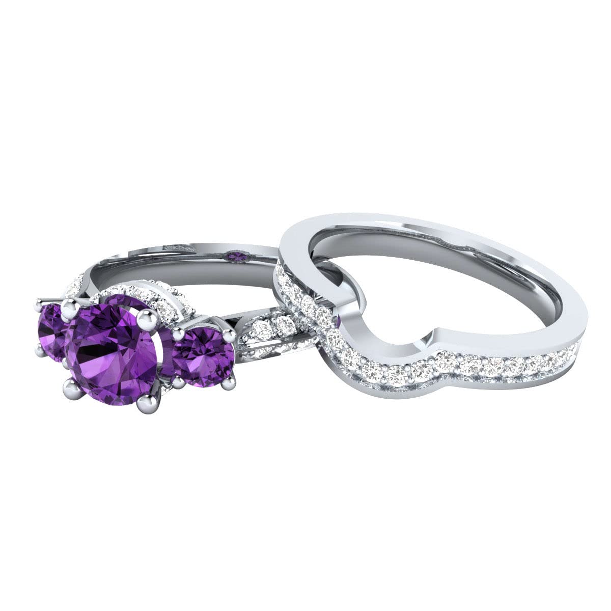 IDEALJEWEL95 Sterling Silver 2.60 ct Round Amethyst & White Sapphire Bridal Ring Set Sizable For Women Engagement Ring/Wedding/Valentines